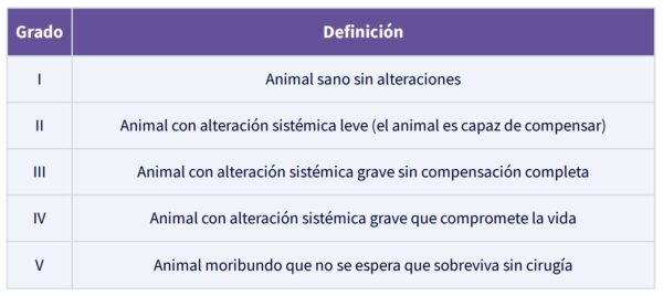 Valoración del riesgo anestésico en veterinaria - Clasificación ASA